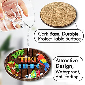 6pcs Drink Coasters with Holder Coasters for Drinks Thick Sturdy Absorbent Cork Coasters Funny Tiki Bar Designs for Coffee Cups Drinking Glasses Table Desk Protection Housewarming Gift Home Decor