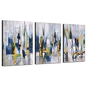 Yuegit Blue Abstract Canvas Wall Art for Living Room :3 Piece Wall Art Framed for Bedroom Wall Decor Coastal Abstract Wall Art Ready To Hang 12X16 Inch Each