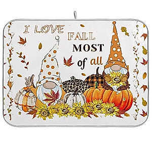 Kcldeci Autumn Fall Gnome Dish Drying Mat Kitchen Drying Pad Sunflower Pumpkin Dish Draining Mat Dish Rack Drainer Pad 18 x 24