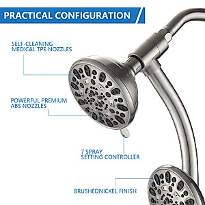 UCLIMAA High Pressure 48-Settings Shower Head with Handheld Shower,Drill-Free 3-Way Diverter for Easy Reach,Adjustable Height Slide Bar Dual Shower Head Combo Set - Brushed Nickel