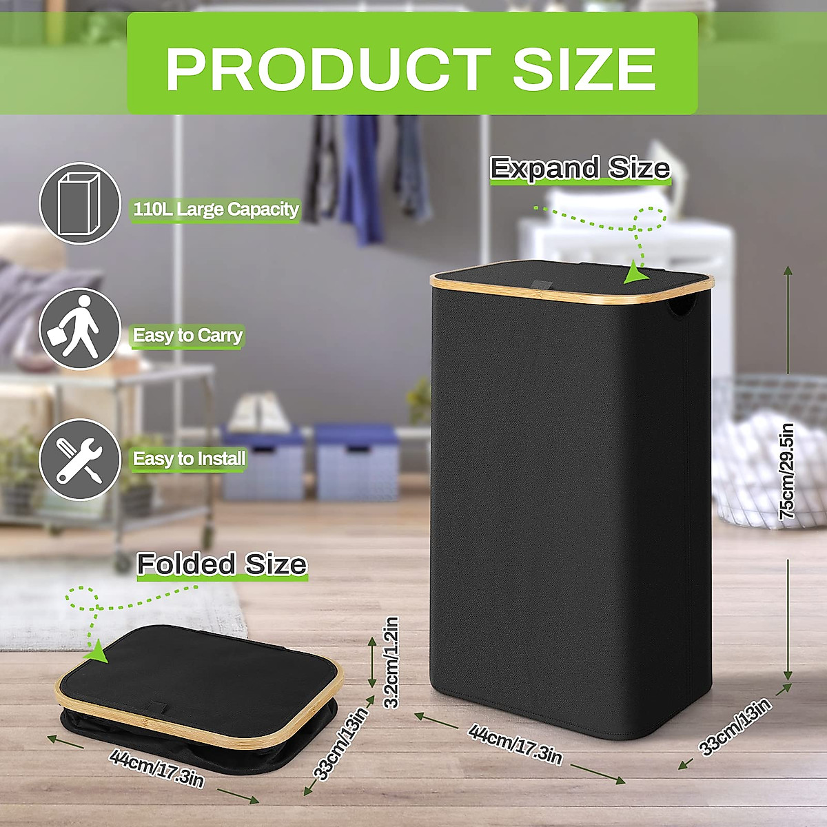 Jhua Laundry Basket with Lid and 2 Removable Liners (Black 110L)