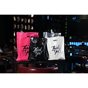 Infinite Pack Black 12"x15"(100pcs) Thank You Merchandise Bags, Die Cut Handles, Retail Shopping Bags for Boutique, Goodie Bags, Gift Bags Bulk, Favors, 1.75 Mil Reusable Plastic Bags