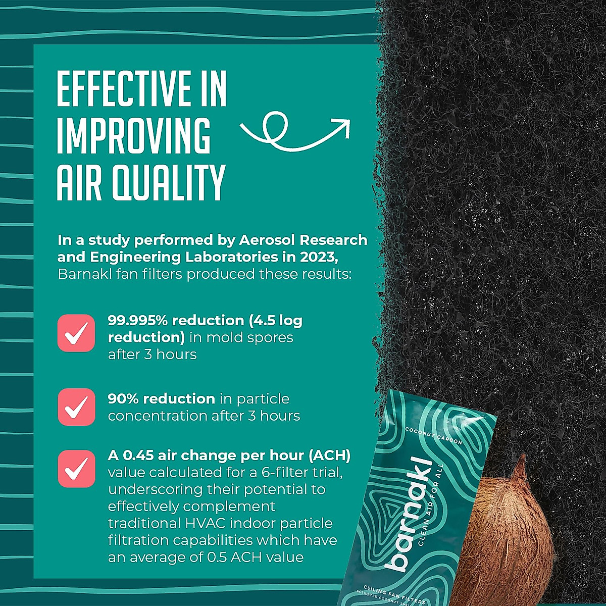 Barnakl Ceiling Fan Filters | Activated Coconut Shell Carbon Filter | Easy-Stick Universal Ceiling Fan Air Filters | Unscented Ceiling Fan Blade Filters for Common Household Contaminants, (3-Count)