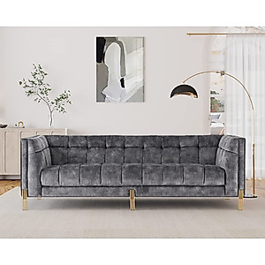 Acanva Luxury Modern Mid-Century Square Tufted Velvet Small Sofa for Living Room Bedroom Furniture, 91”W Couch, Deep Grey