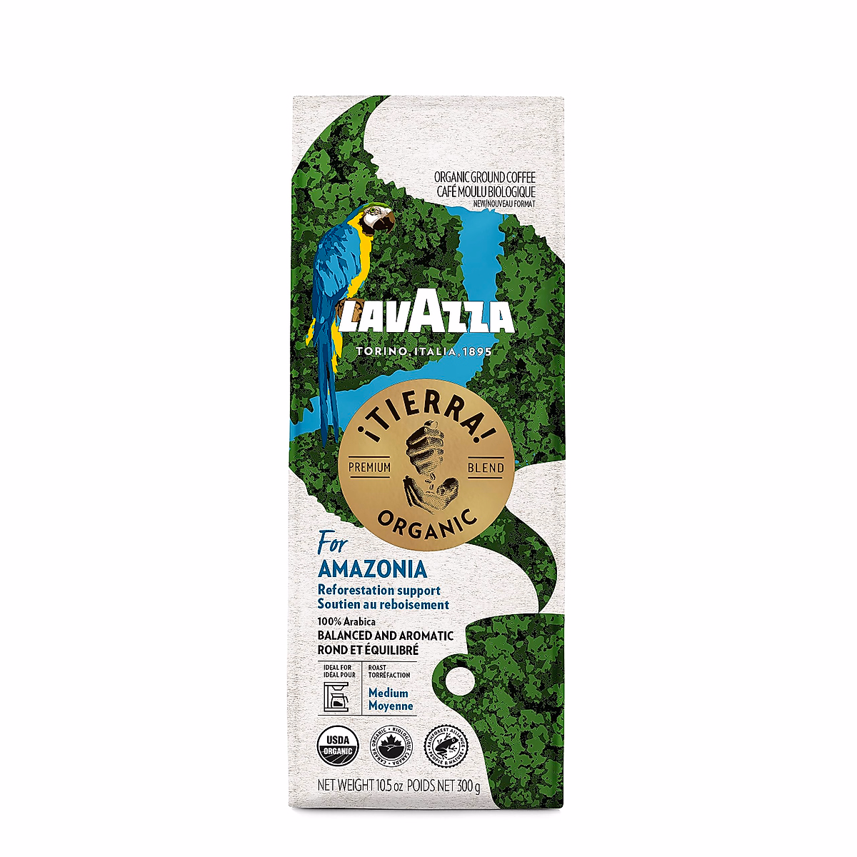 Lavazza, ¡Tierra Organic Amazonia Ground Coffee Medium Roast 10.5 Oz Bag, Floral Notes Authentic Italian, Value Pack, Blended And Roated in Italy, Balanced and Aromatic Fruity and floral notes