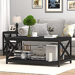 Bigbiglife Living Room Table Set of 3, Industrial X-Design Coffee Table with 2 End Side Tables, Modern 3 Pieces Coffee Table Set with Metal Frame for Apartment Home Office, Easy to Assemble, Black