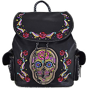 WESTERN ORIGIN Sugar Skull Day of the Dead Daypack Concealed Carry Backpack Fashion Women Travel Biker Purse Wallet Set (#1 Black Set)