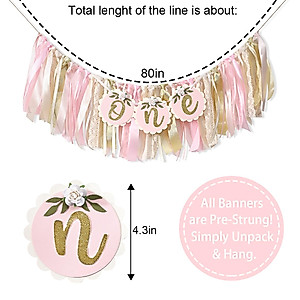 Pink Golden Floral High Chair Banner - Rose 1st Birthday Highchair Banner, Girls’ 1st Birthday Decoration, Pink First Birthday Decor, One High Chair Banner, 1st Birthday Party Decorations for Girls,