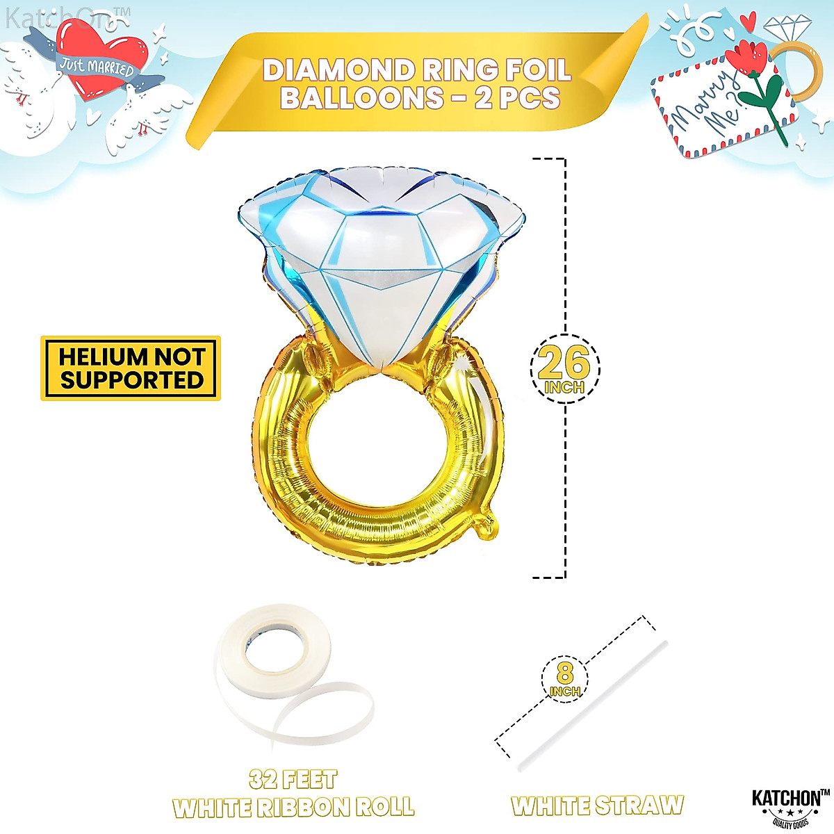 KatchOn, Huge Diamond Ring Balloon - 26 Inch, 2 Pieces | Engagement Ring Balloon for Bridal Shower Decorations | Bachelorette Party Decorations | Diamond Balloons for Engagement Party Decorations