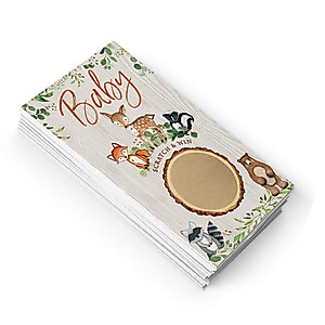 Printed Party Baby Shower Game – Woodland Scratch Off Cards for Boy or Girl, Forest Animal Theme, 30 Cards & Stickers