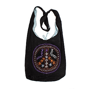 Original Collections Embroidered Peace Sign Stonewashed Cotton Crossbody Shoulder Handbag Large