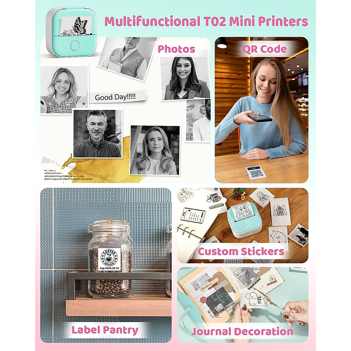 Ponek T02 Bluetooth Thermal Mini Printer Thermal Pocket Printer Paper, White Self-Adhesive Paper Compatible with T02 Bluetooth Mini Sticker Printer, Black On White Paper for Journal Photo, 50m