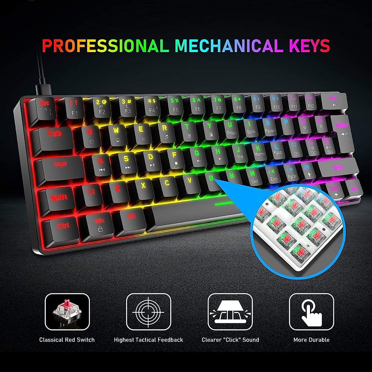 60% True Mechanical Gaming Keyboard Ultra-compact with 20 Rainbow Backlit Type C Wired Programmable 62 Keys Linear Red Switch Waterproof Non-Conflict and Gaming Mouse Pad  for PC/Laptop/PS5（Black)