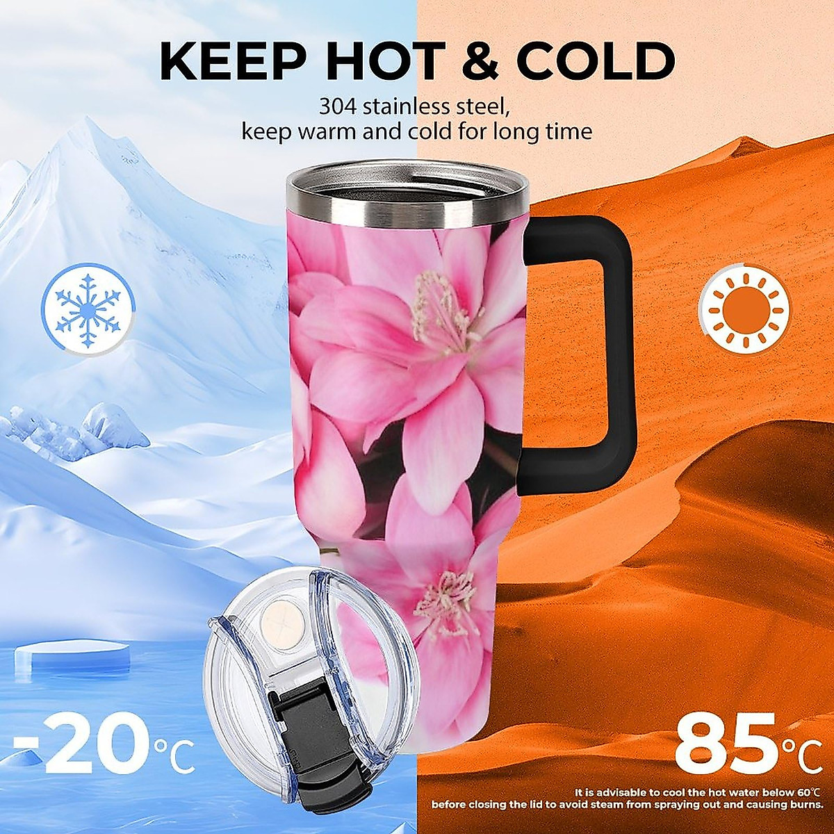 YTLKGFP 40 Oz Large Capacity Car Cup Beautiful Flowers Tumbler with Handle (Black) Straw Lid Insulated Stainless Steel Water Bottle Travel Mug Leak-proof Car Cup Keeps Cold Or Hot