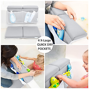 Bath Kneeler and Elbow Rest Pad, 1.75 inch Extra Thick Baby Bath Kneeling Pad and Elbow Pad for Bathtub. Bath Tub Elbow Pad with Infant Toy and Baby Accessories Organizer, Grey