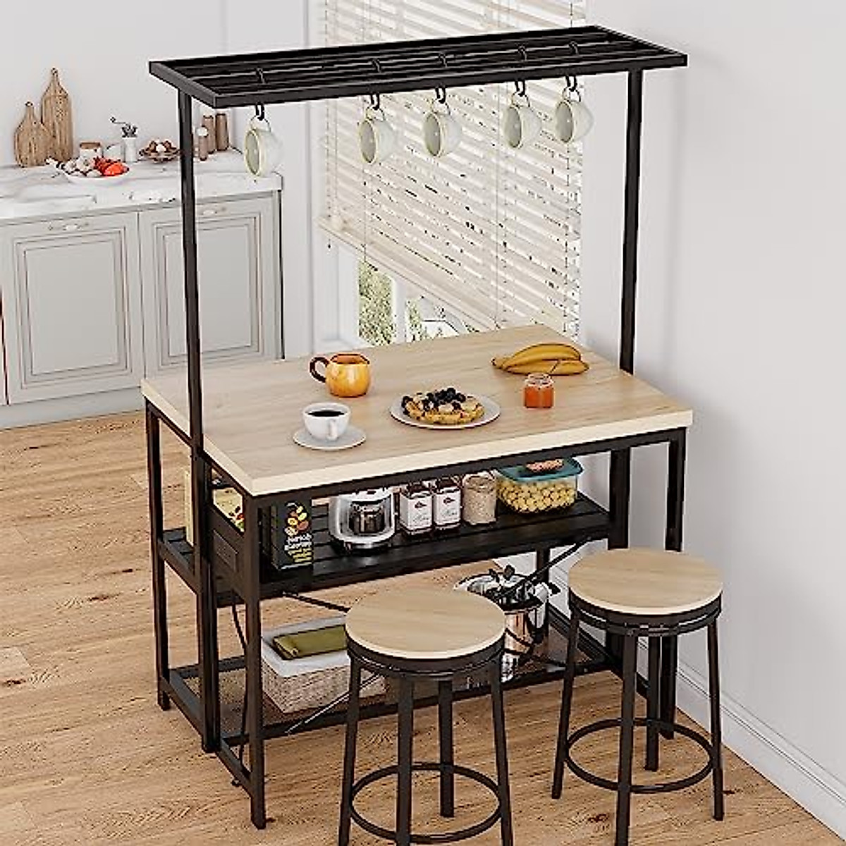 47" Large Kitchen Island Table Bakers Rack with Power Outlet and 3-Tier Storage-Microwave Stand Oven Shelf, Metal Coffee Bar Table ,Kitchen Storage Shelf for Dining Living Room, 5 Hooks, 47"*28"*72"