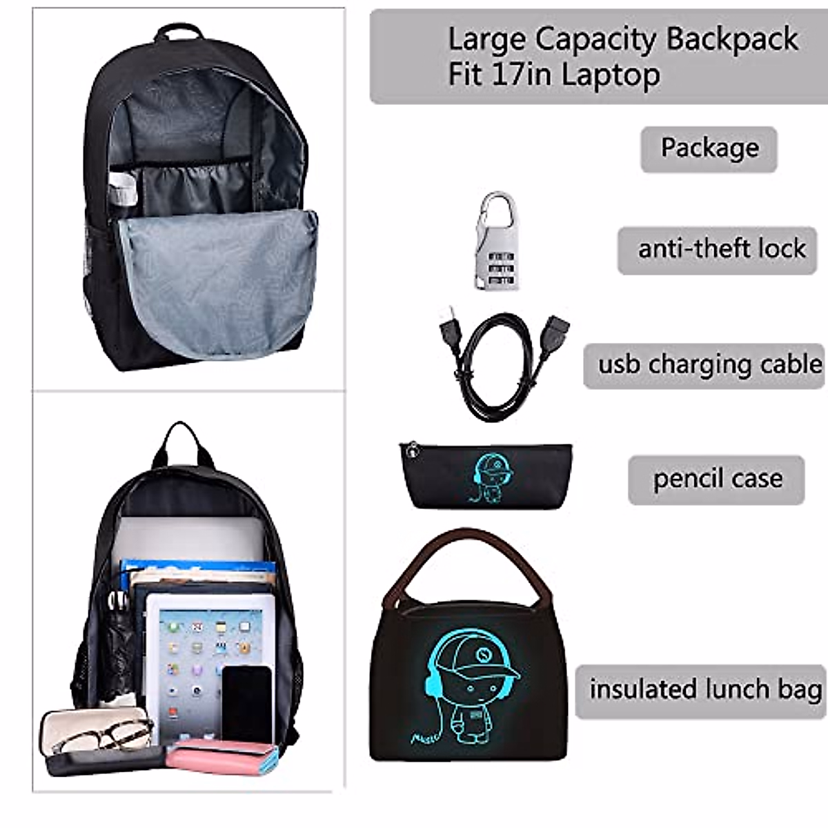 Lmeison Boys Backpack for School, Anime Cartoon Luminous Backpack with Lunch Box Pencil Case, Waterproof School Bookbag for Teen Girls, Laptop Backpack for Middle School High School, College, Black