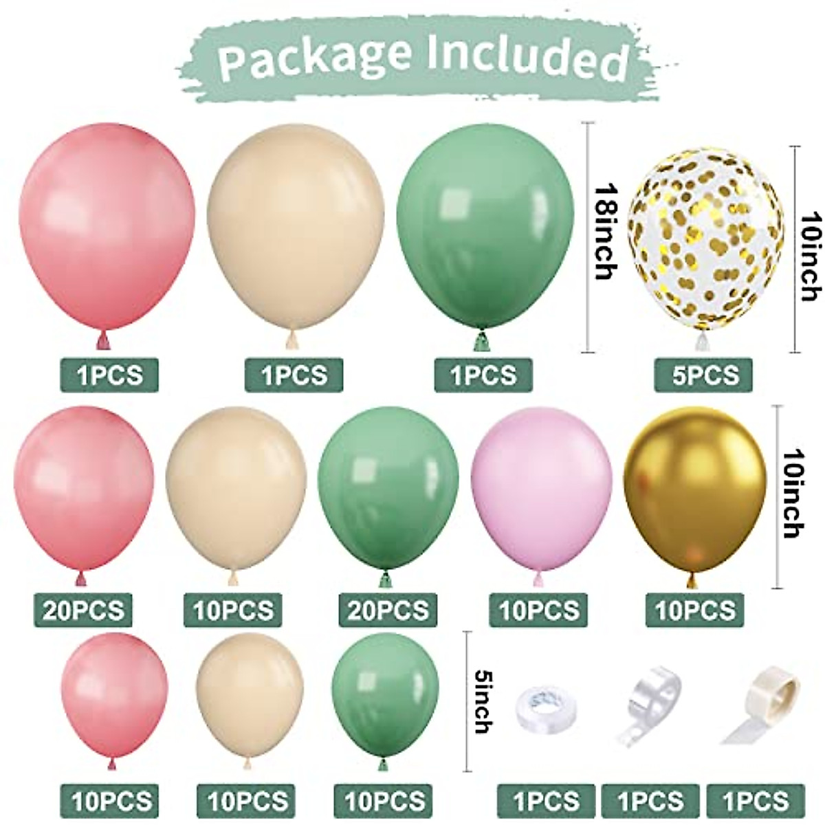 Sage Green Pink Balloon Garland Arch Kit, 116Pcs Retro Pink Apricot Metallic Gold and Confetti Balloons for Baby Shower Wedding Birthday Graduation Anniversary Party Decorations