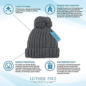 LUTHER PIKE SEATTLE Winter Pom Pom Beanie Hat - Cute Knit Yarn and Warm Fleece-Lined Slouchy Skull Ski Cap for Women - Cool Hair Accessories, Great for Boho, Hipster, and Winter Outfits Dark Grey Gray