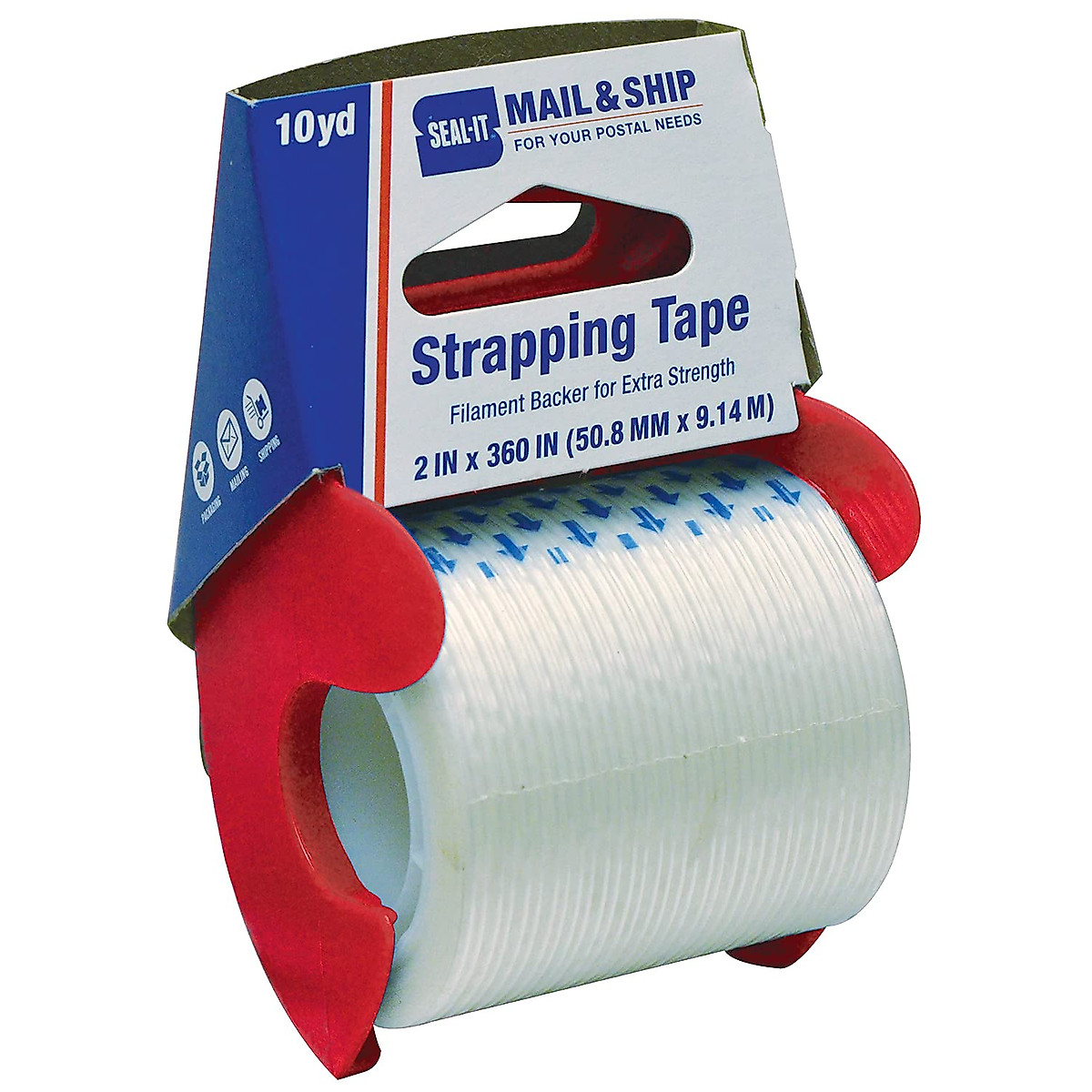 Seal-It Mail and Ship Strapping Tape, 2 Inches x 360 Inches, White, with Palmguard Dispenser Blue/Red (83716)