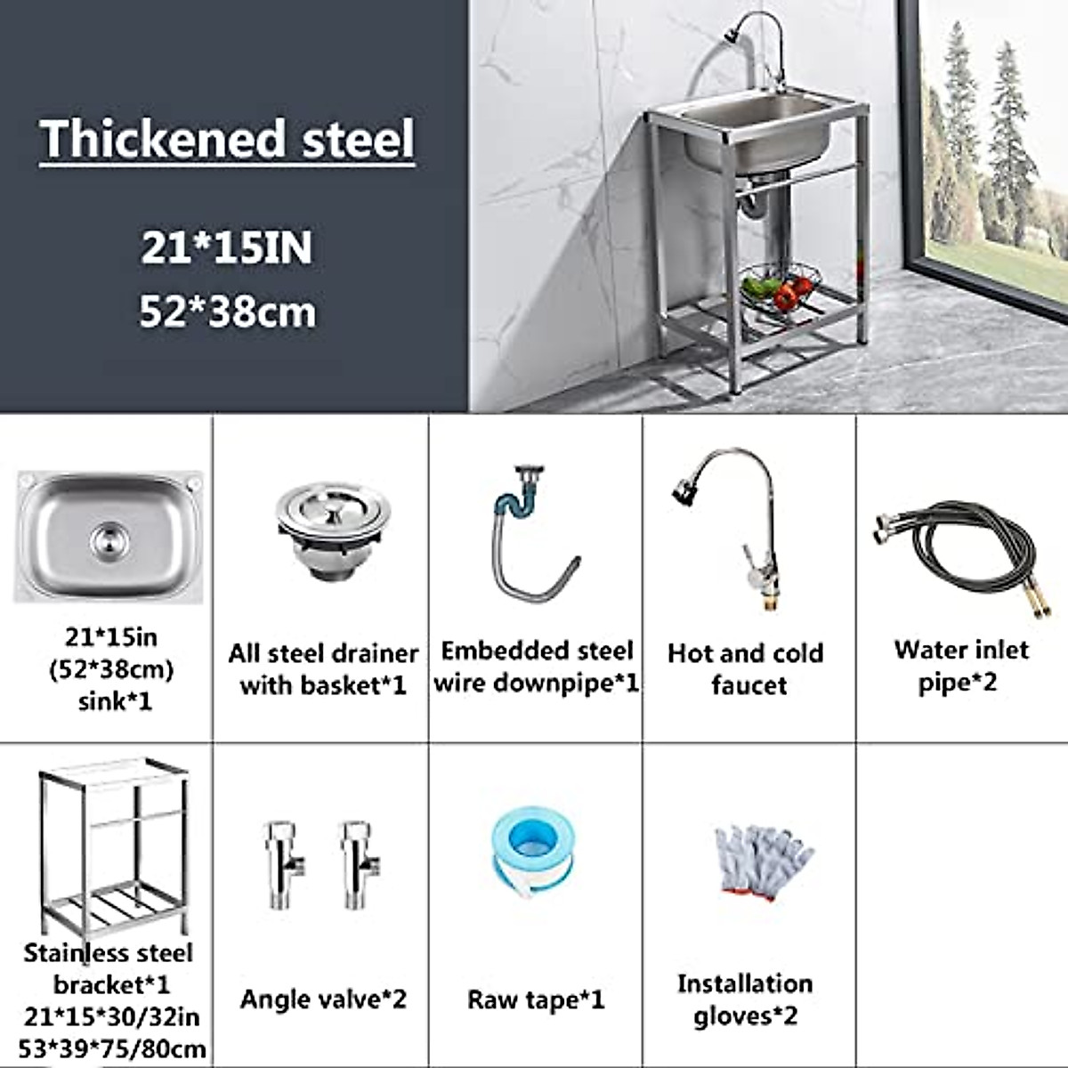 Stainless sink,1 compartment commercial kitchen sink,utility sink single bowl stainless steel,Thickened stainless steel single sink with stainless steel bracket and 360° swivel faucet, (Color : High