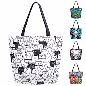 ZzWwR Cute Cartoon Black White Cats Pattern Extra Large Canvas Market Beach Travel Reusable Grocery Shopping Tote Bag Portable Storage HandBags