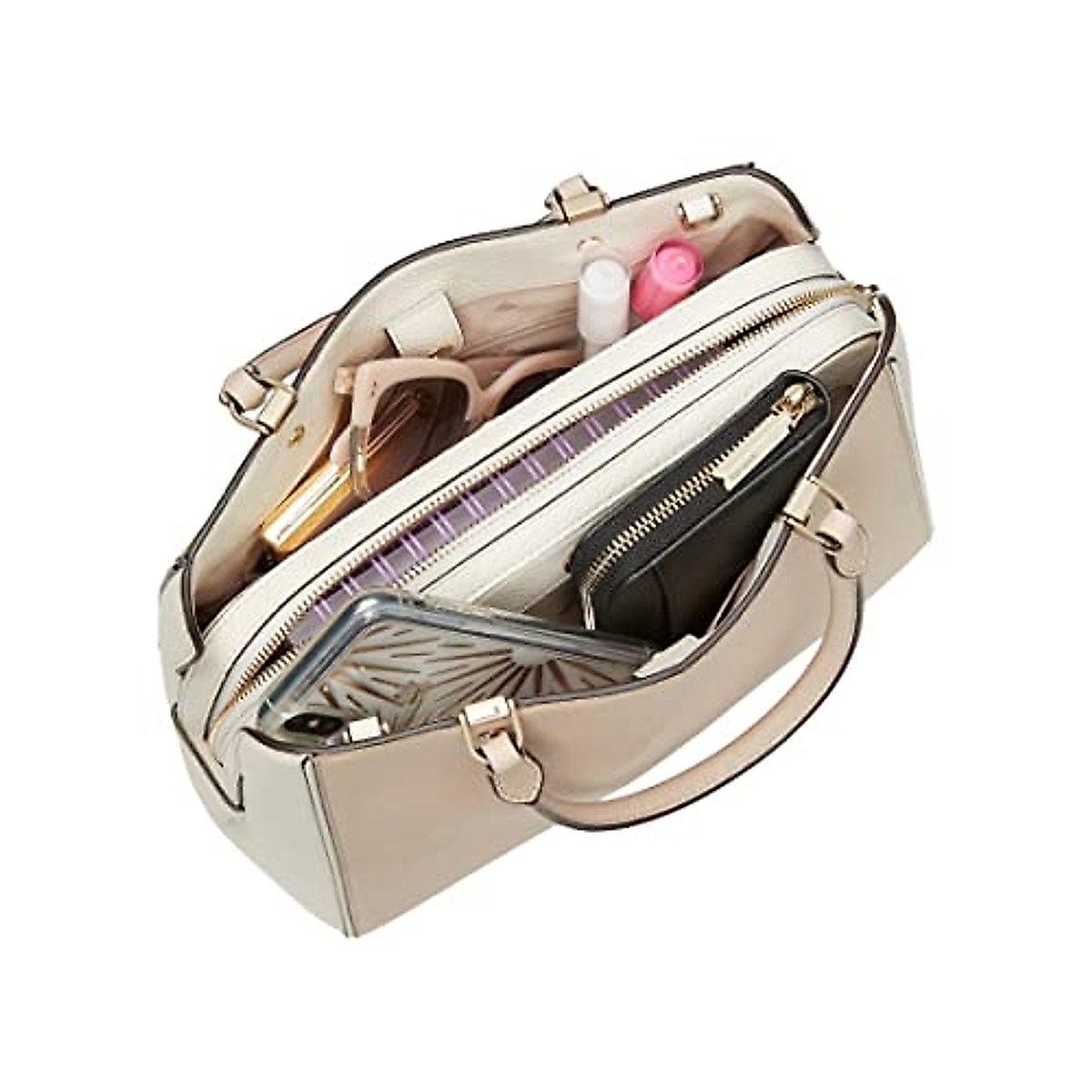 kate spade handbag purse Leila medium triple compartment satchel in leather, Light Sand