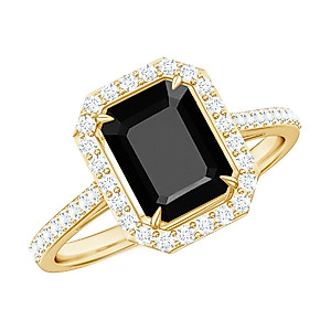 Certified Lab Grown Black Diamond 6X8mm Emerald Cut Engagement Ring, Aaaa Quality, Black and White Diamond Halo Ring, 14K Yellow Gold, Size:US 3.00