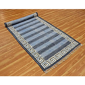 Casavani Hand Block Printed Cotton Dhurrie Striped Tassel Rug Boho Area Rug Easy Care Washable Rugs for Doormat Entryway Living Room Bedroom Hallway Balcony 6x12 Feet Runner