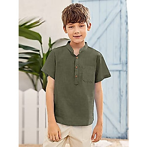 Inorin Boys Button Up Henley Shirt Short Sleeve Lightweight Summer Linen Cotton Dress Shirts Tees Tops with One Pocket Army Green