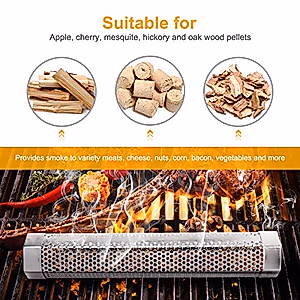 Pellet Smoker Tube, 2 Pack 12'' Stainless Steel BBQ Wood Pellet Tube Smoker with 2 Hooks and 2 Brushes for Cold/Hot Smoking