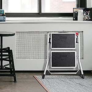 Delxo Step Stool Folding 2 Step Ladder Heavy Duty Steel Sturdy Wide Pedal Lightweight Anti-Slip Portable & Collapsible Two Stool Ladder Kitchen Closet 2 Step Stools for Adults White Stepladder