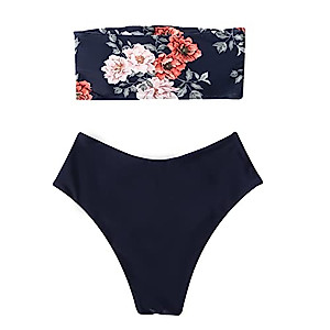 OMKAGI Women Bandeau Bikini Swimsuits Cheeky Off Shoulder Bathing Suit(XL,38-Floral)
