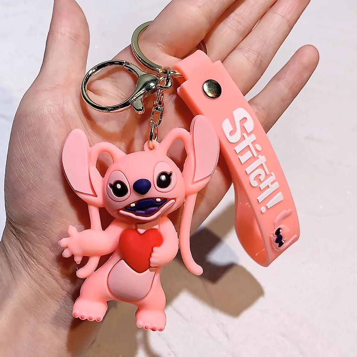 feimeng jewelry Anime Cute Stitch Silicone Keychain, PVC Pendant Key Chain Ring Holder Wristlet Accessories for Kids Gifts (Angel - Love)