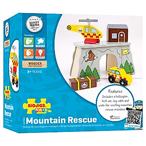 Bigjigs Rail Mountain Rescue Playset with Helicopter, Car, Log Cabin & Crate