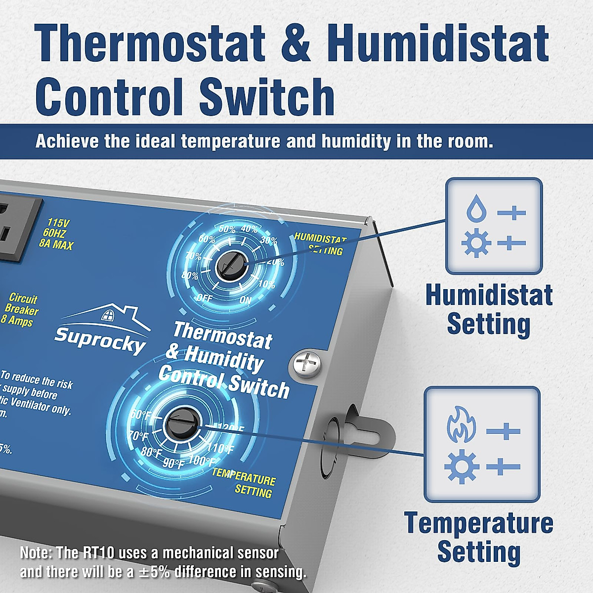 Suprocky Adjustable Dual Thermostat and Humidity Control Switch with Socket and Overload Protector, Can Be Connected to Two Fans, Surface Spraying, for Power Attic Ventilators