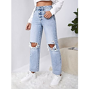 SweatyRocks Women's High Waist Ripped Distressed Cropped Jeans Straight Leg Denim Pants Light Wash L