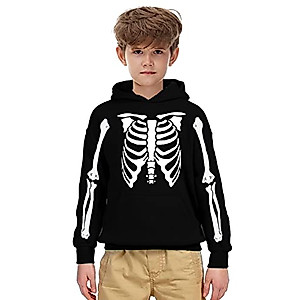 Remimi Kids Halloween Skeleton Pullover Hoodie Pocket Long Sleeve Black Graphic Printed Sweatshirt 13-14 Years