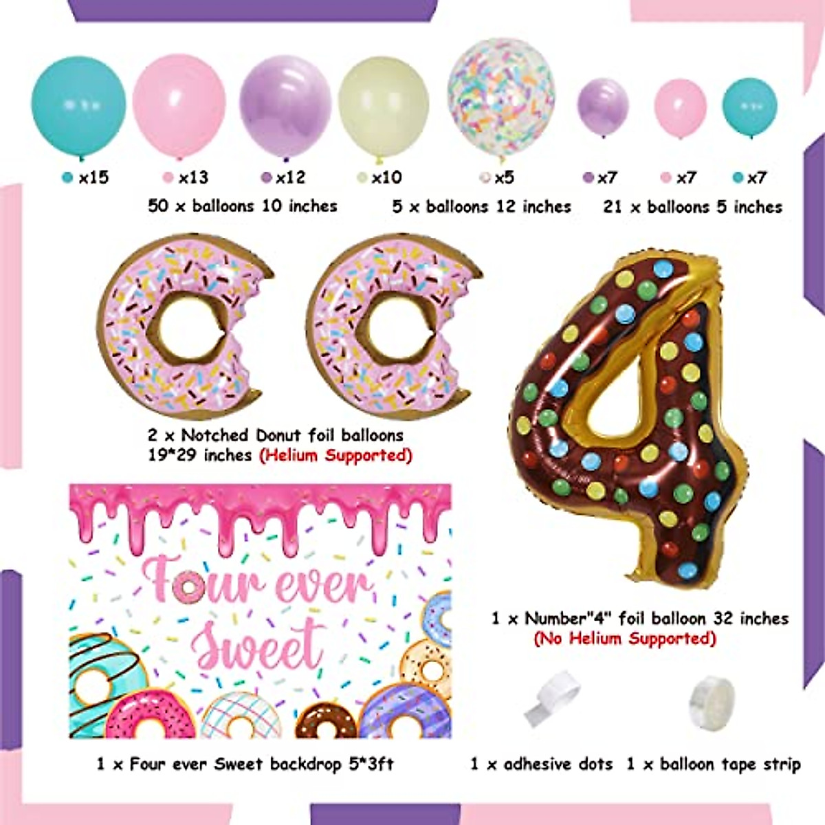 Donut 4th Birthday Party Decorations, Four Ever Sweet Birthday Decorations - Macaron Balloon Garland Kit with Doughnut Foil Balloons, 5 x 3 Ft Donut Backdrop, Number 4 Foil Balloon