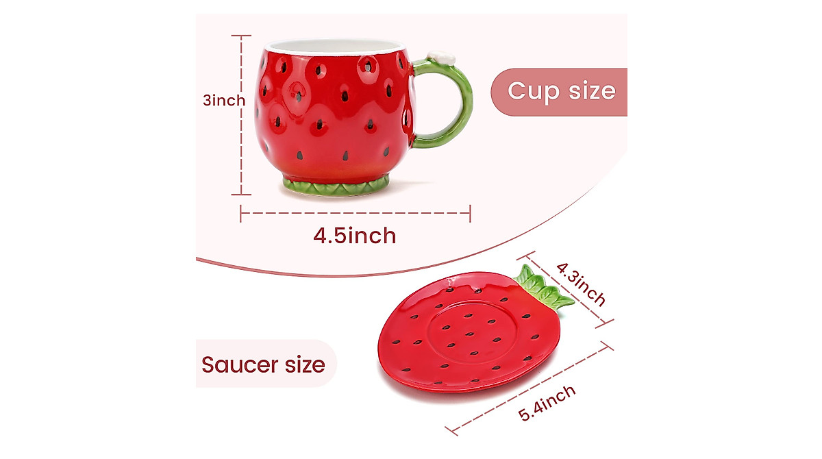 Noviko Strawberry Ceramic Tea Cup & Saucer - 8oz Red