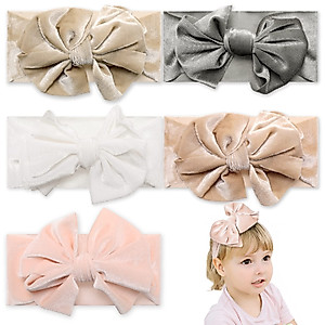 Whaline Baby Girl Velvet Bow Headband - 5Pcs Set, Light Color Hair Accessories for Newborn Toddler Infant Girls, Hairband for Baby Shower, Birthday, Party, Photo Shoot, Gift