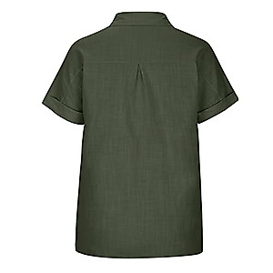 Ceboyel Linen Cotton Blouses for Women Button Down Causal Shirts Solid Color Summer Tops Dressy Work Office Ladies Clothes Button Up Shirt Women Army Green 2X