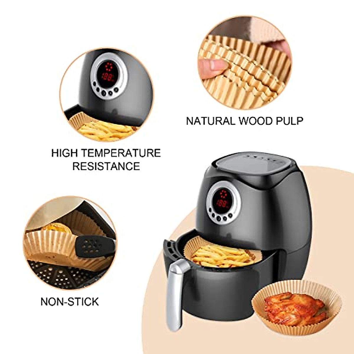 ORIGLE Air Fryer Liners 100Pcs Air Fryer Disposable Paper Liner, 6.3Inch Non-stick Parchment Paper, Oil Resistant, Waterproof, Food Grade Oven Liner for 2-5 QT Air Fryer, Steamer, Microwave oven