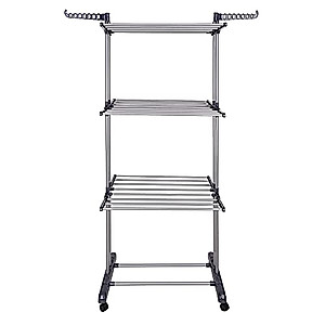 Aquaterior Folding 3 Tier Clothes Drying Rack Rolling Collapsible Garment Laundry Dryer Hanger Stand Rail Indoor Dark Grey