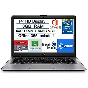 hp 2021 Newest Stream 14" HD SVA Laptop Computer, Intel Celeron N4020, 8GB RAM, 128GB Space(64GB eMMC+64GB MSD), Office 365, HDMI, Bluetooth, Windows 10, Black, AllyFlex MP, Online Class Ready