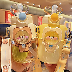 LIXERY Kawaii Bear Water Bottle with Straw and Strap Cute Water Bottle Bear Drinking Bottle Leakproof Plastic Water Jug for Girl School Sport 25oz, Pink, 3.15*3.15*7.3 Inch