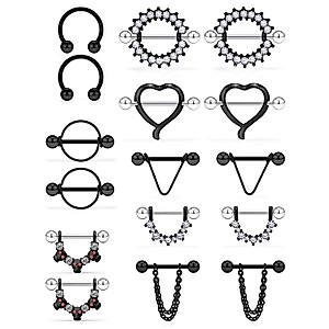 SCERRING 14G Nipple Rings Stainless Steel Nipplerings CZ Heart Tongue Shield Barbell Rings Retainer Body Piercing Jewelry for Women 9/16Inch 8 Pairs Black