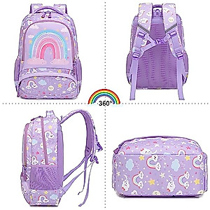 Girls Backpack for Elementary Rainbow Backpack 3 in 1 School Bookbag with Lunch Bag Pencil Case Purple Back to School