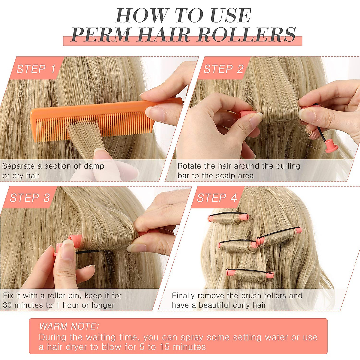 48 Pieces Plastic Pink Perm Rods Long Variety Hair Perm Rods Hair Curling Roller Rods for Women Girls Hair Hairdressing Styling Tools