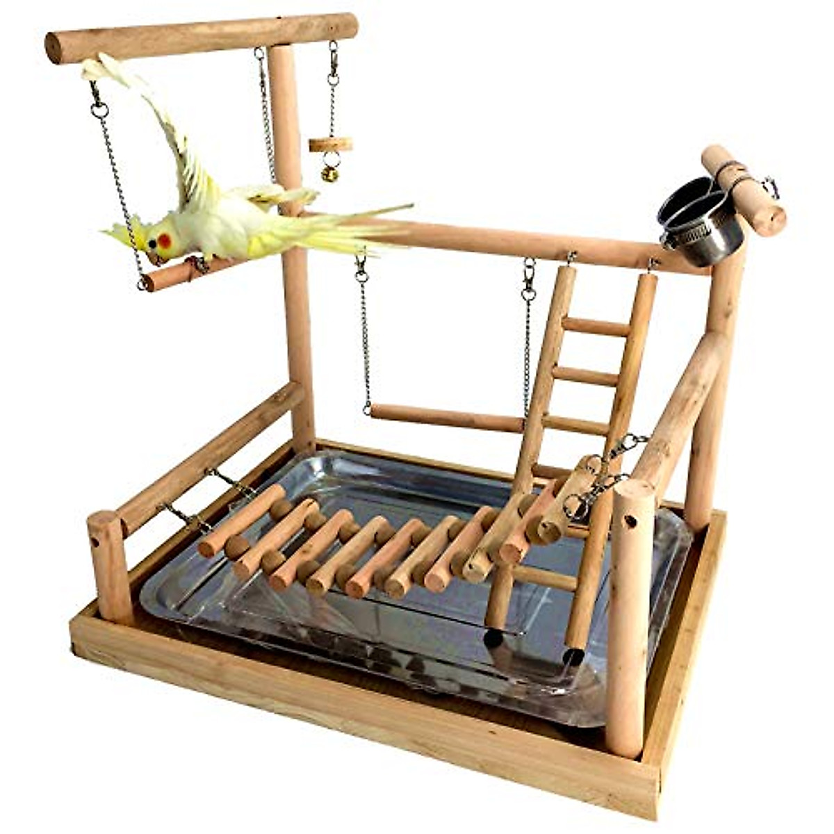 Mrli Pet Large Parrots Playstand Bird Playground Wood Perch Gym Stand Playpen Bird Ladders Exercise Playgym with Feeder Cups for Electus Cockatoo Parakeet Conure Cockatiel Exercise Toy
